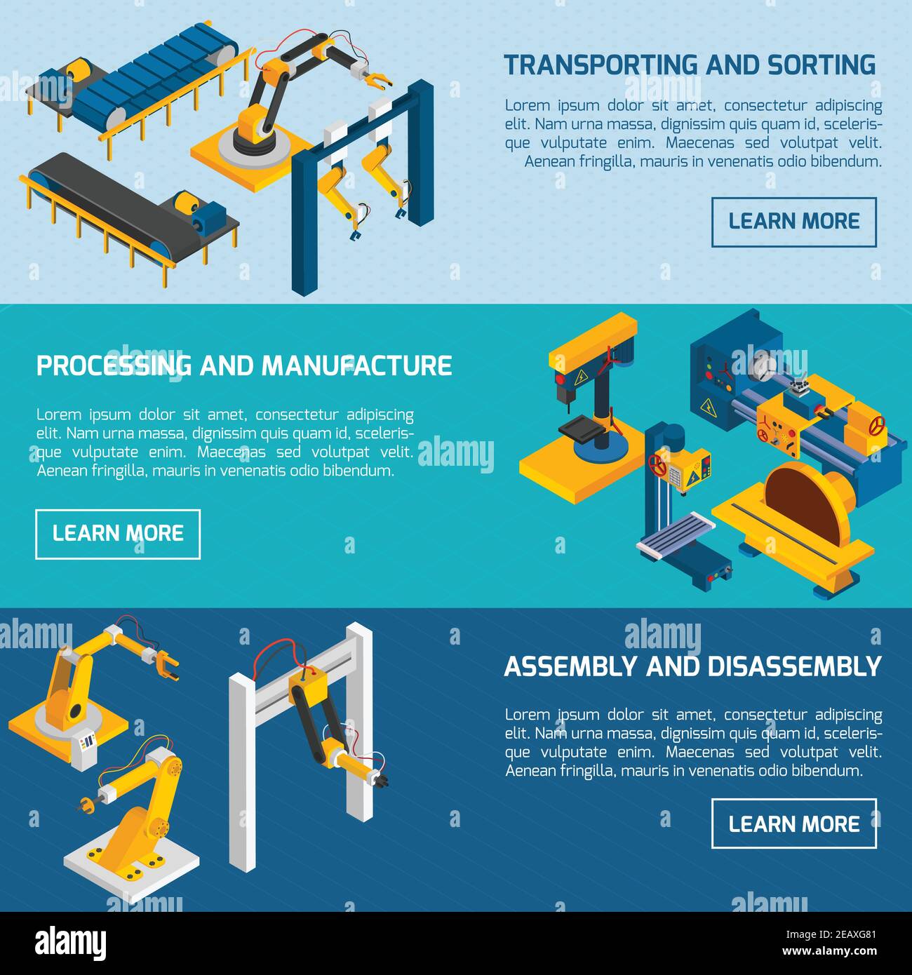 Robotic arms horizontal banners set with isometric manufacturing process products transporting ...