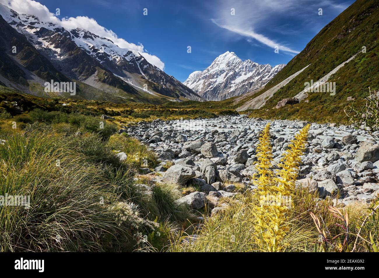 Aoraki Mt Cook viewed from the Hooker River in the Hooker Valley, Mt ...