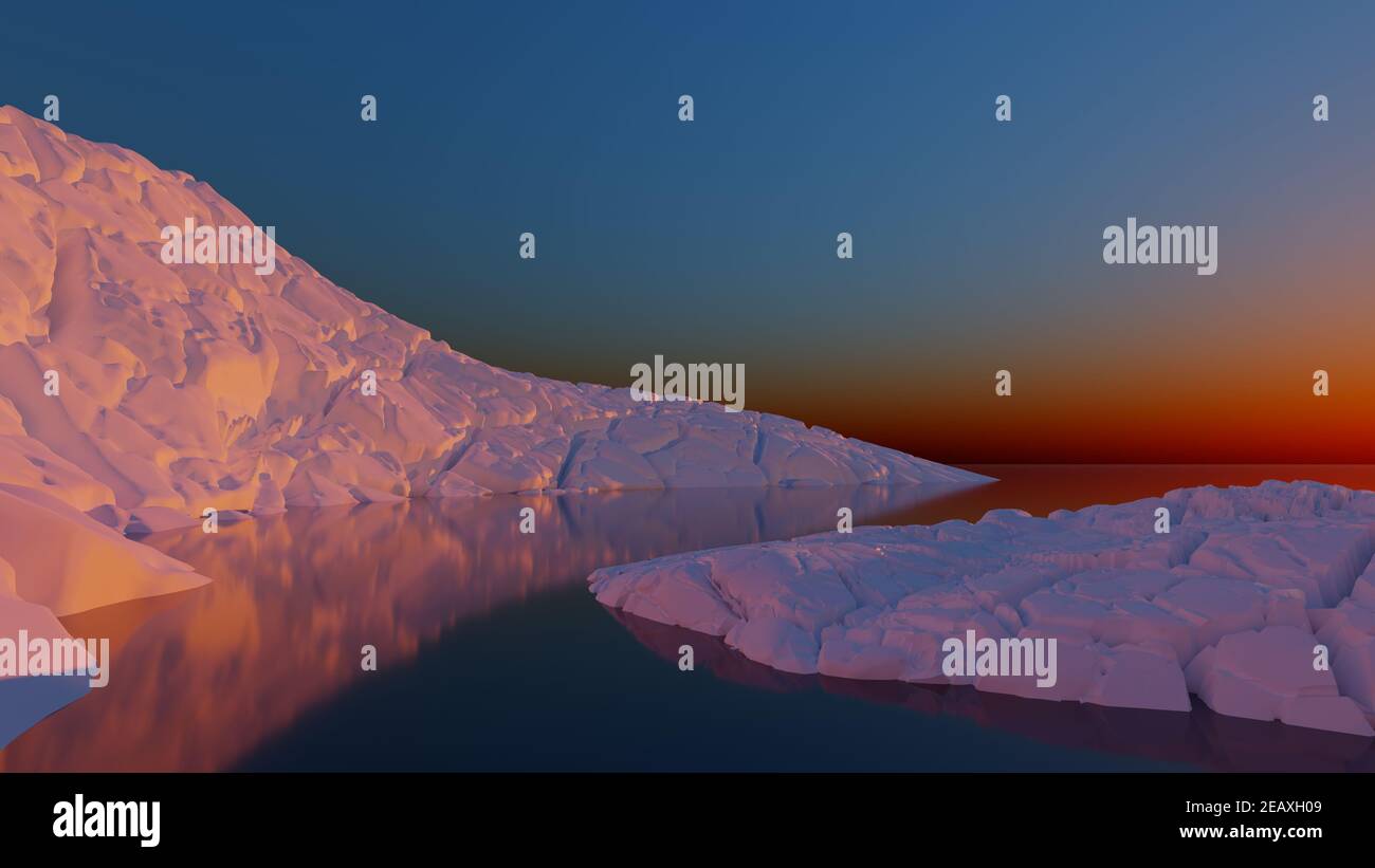 3D rendering of an arctic sunrise or sunset with a glacier and iceberg ...