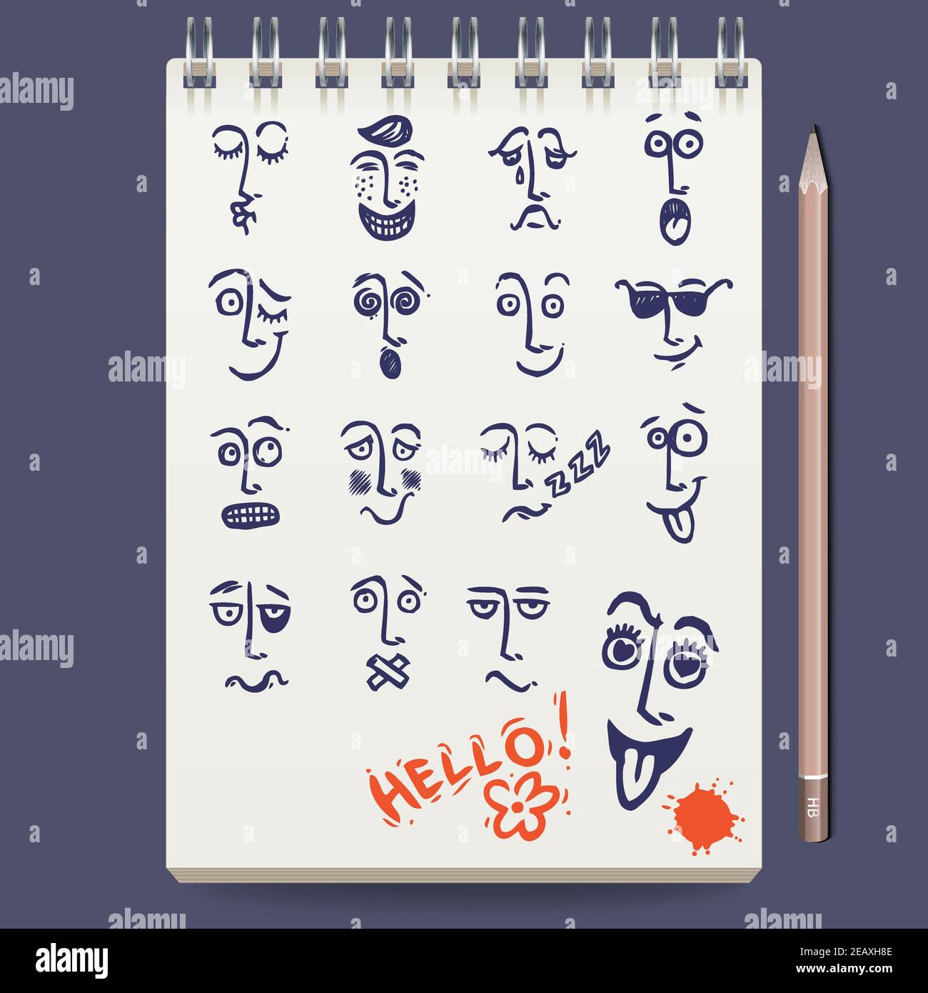 Notebook with sketch faces characters and emoticons and pencil vector ...