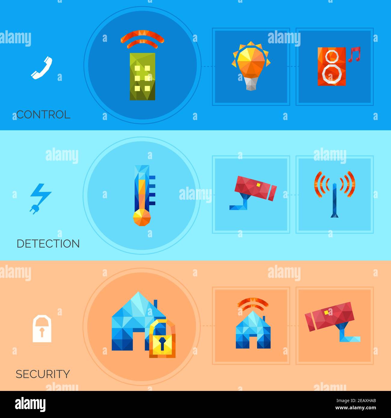 Smart house horizontal banners set with security control detection ...