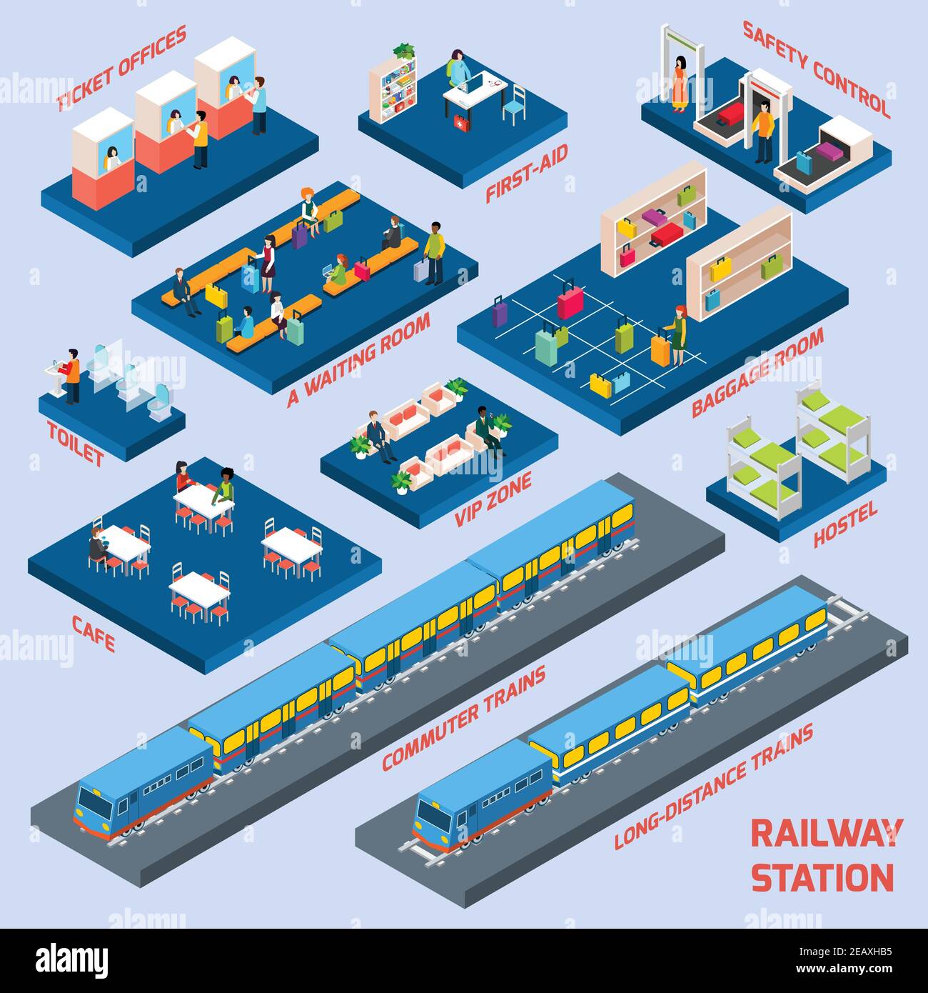 Railway station concept with isometric passanger transport elements ...