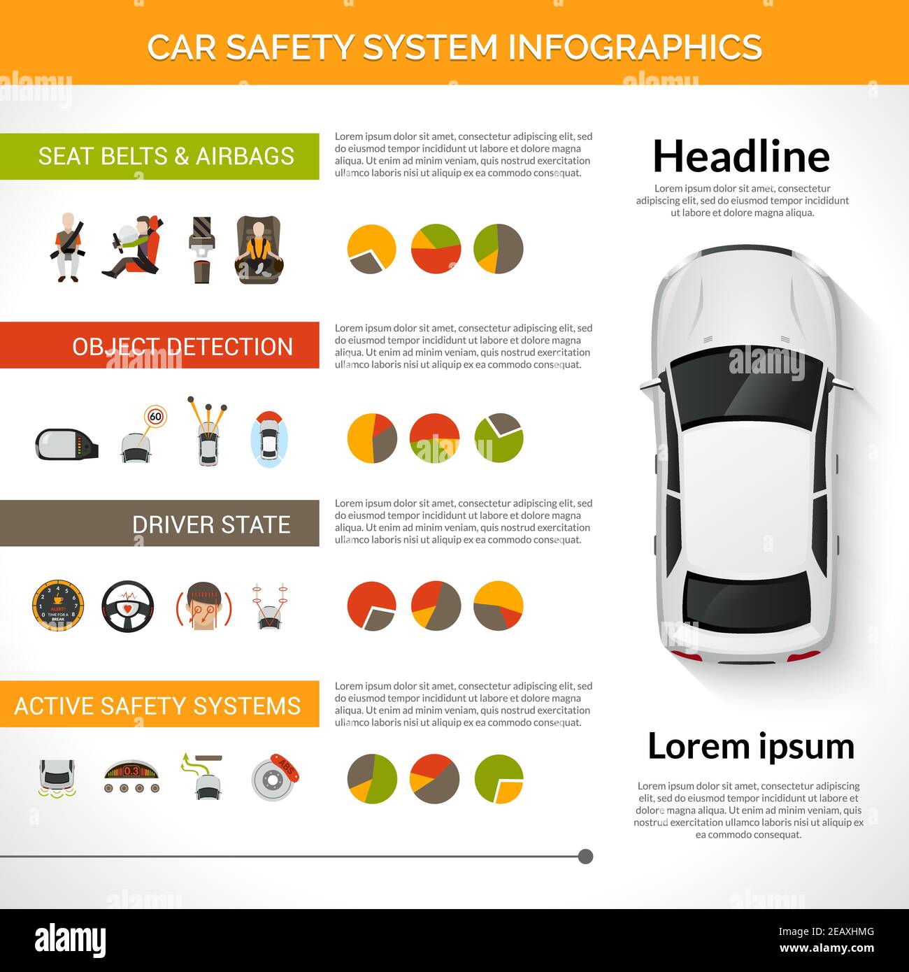 Car safety driver condition control system infographics set with charts ...