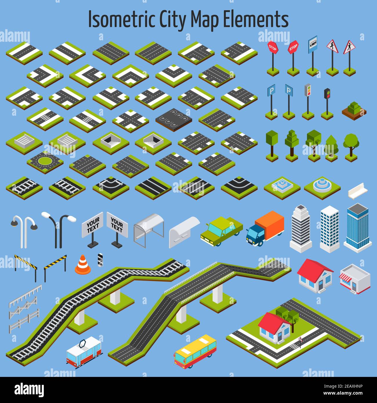 Isometric city map road and house construction elements set isolated ...