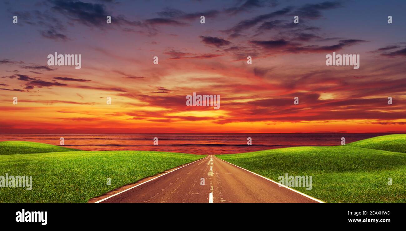 Road through green grass field to the sea. Summer sunset landscape ...