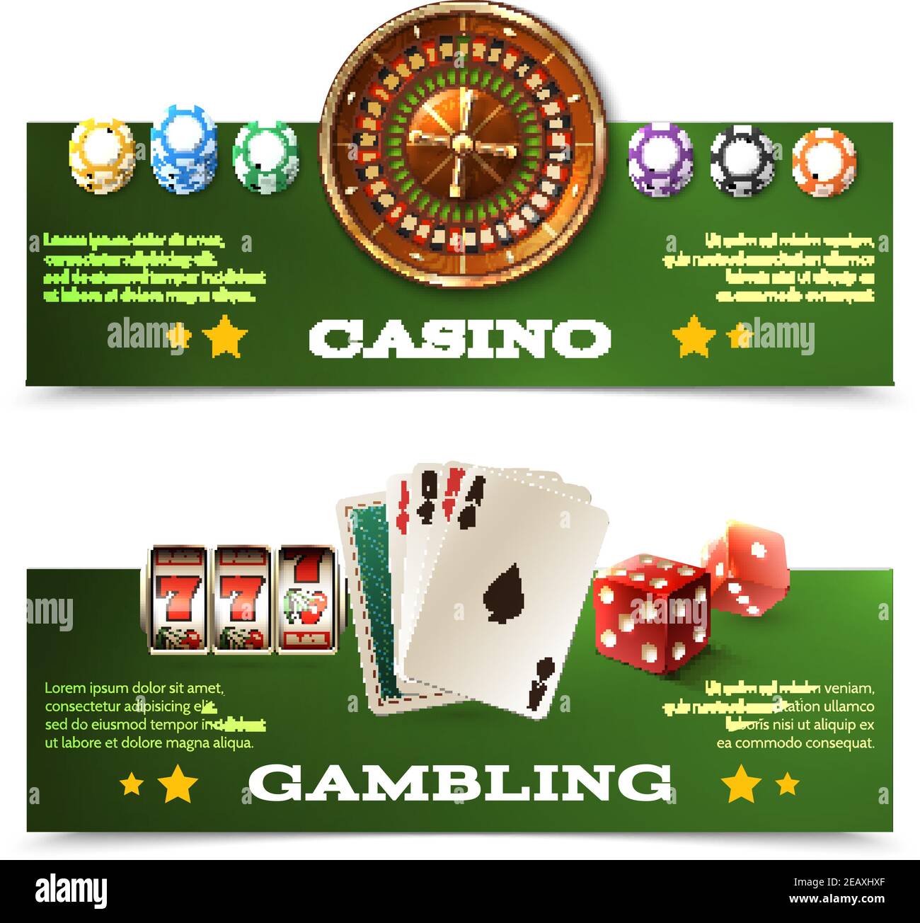 Casino horizontal banners set with realistic cards dice roulette and ...