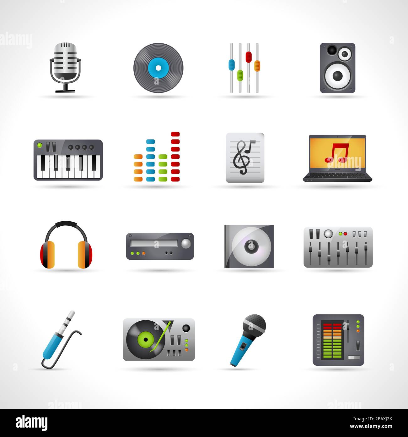 Dj icons set with microphone vinyl disk mixer loudspeaker isolated ...