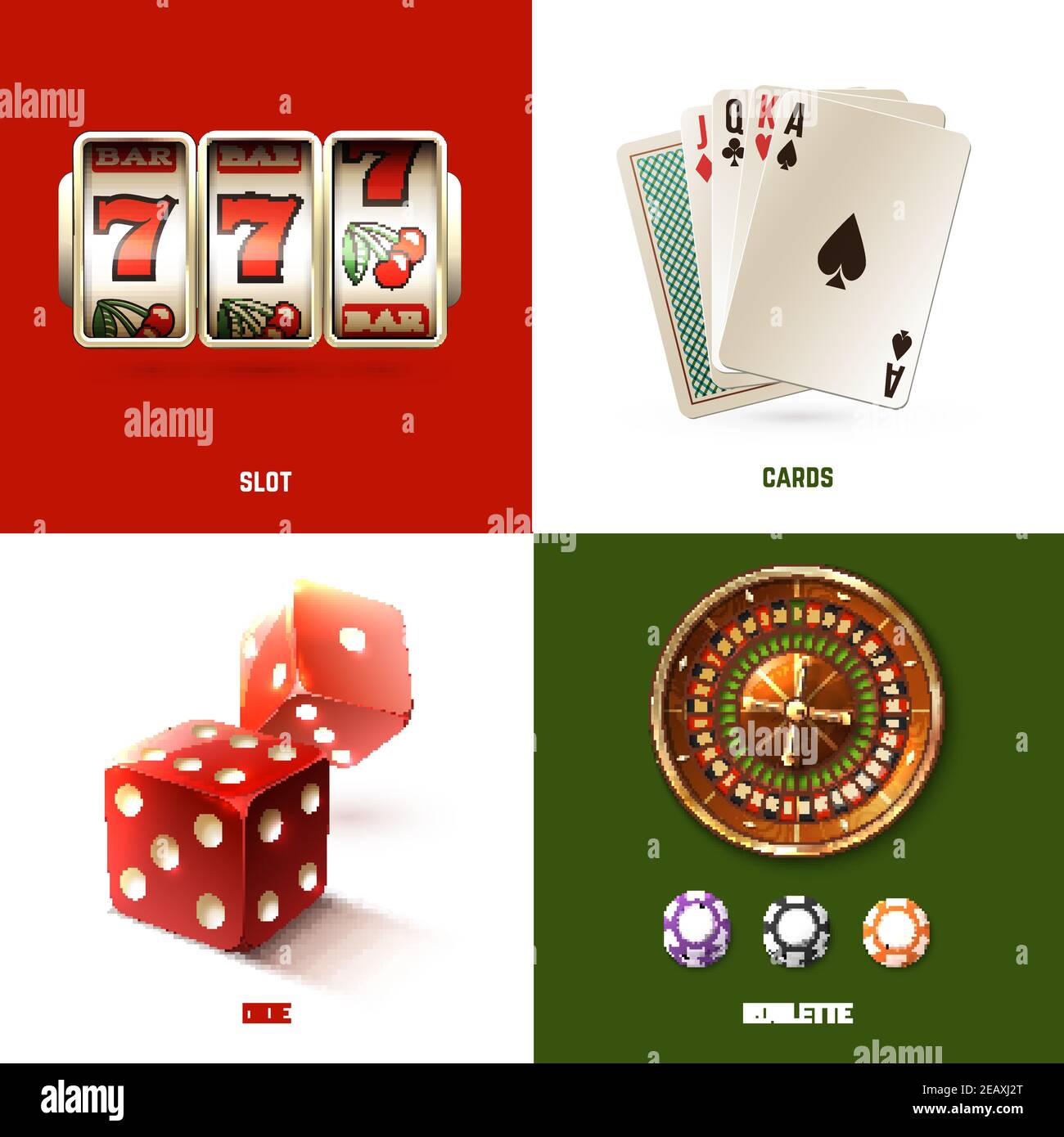 Casino design concept set with realistic slot cards dice and roulette ...