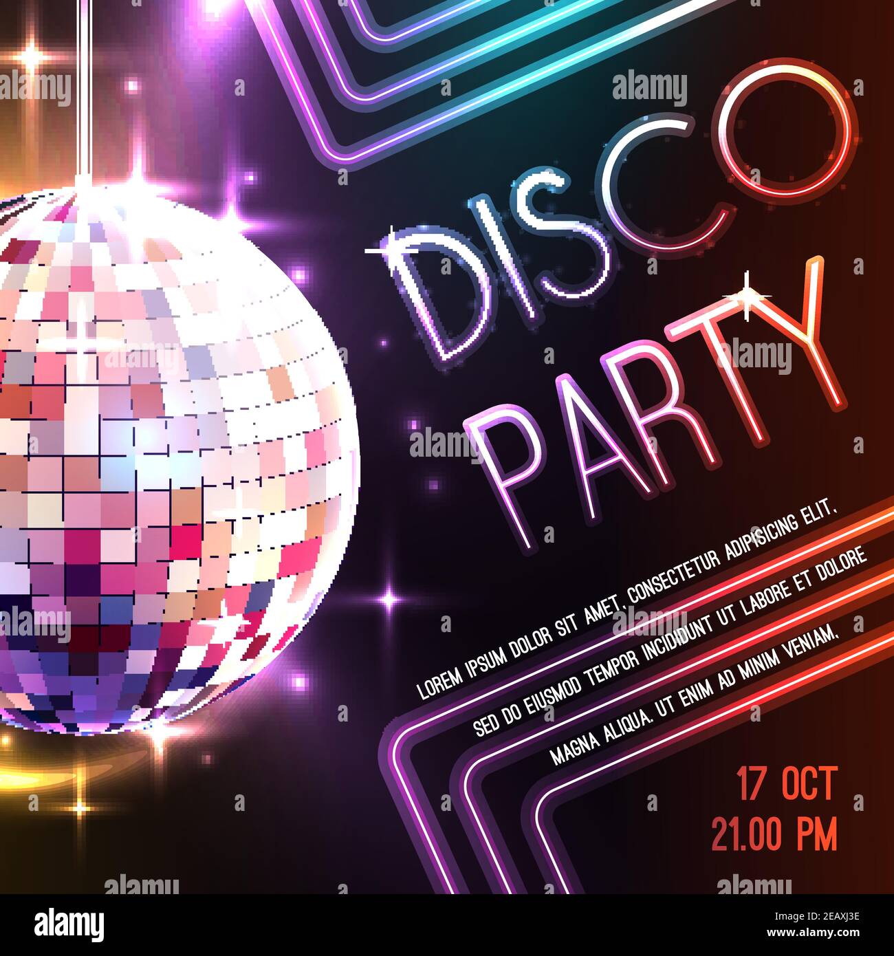 Disco dance party poster with glass ball decoration vector illustration ...