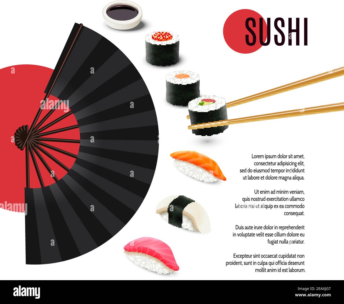 Japanese cuisine restaurant poster with sushi rolls and folding fan ...