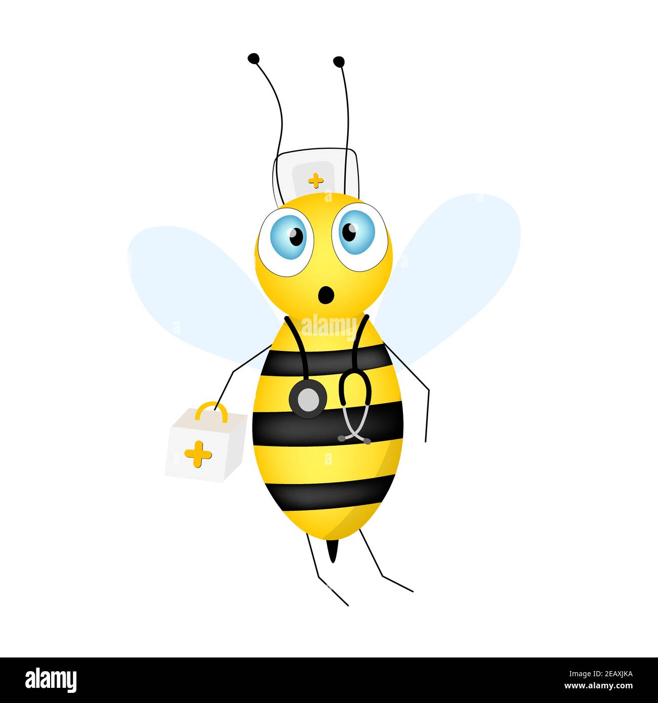 Cartoon cute bee mascot. Doctor bee with medical instruments. Small wasp. Vector character ...