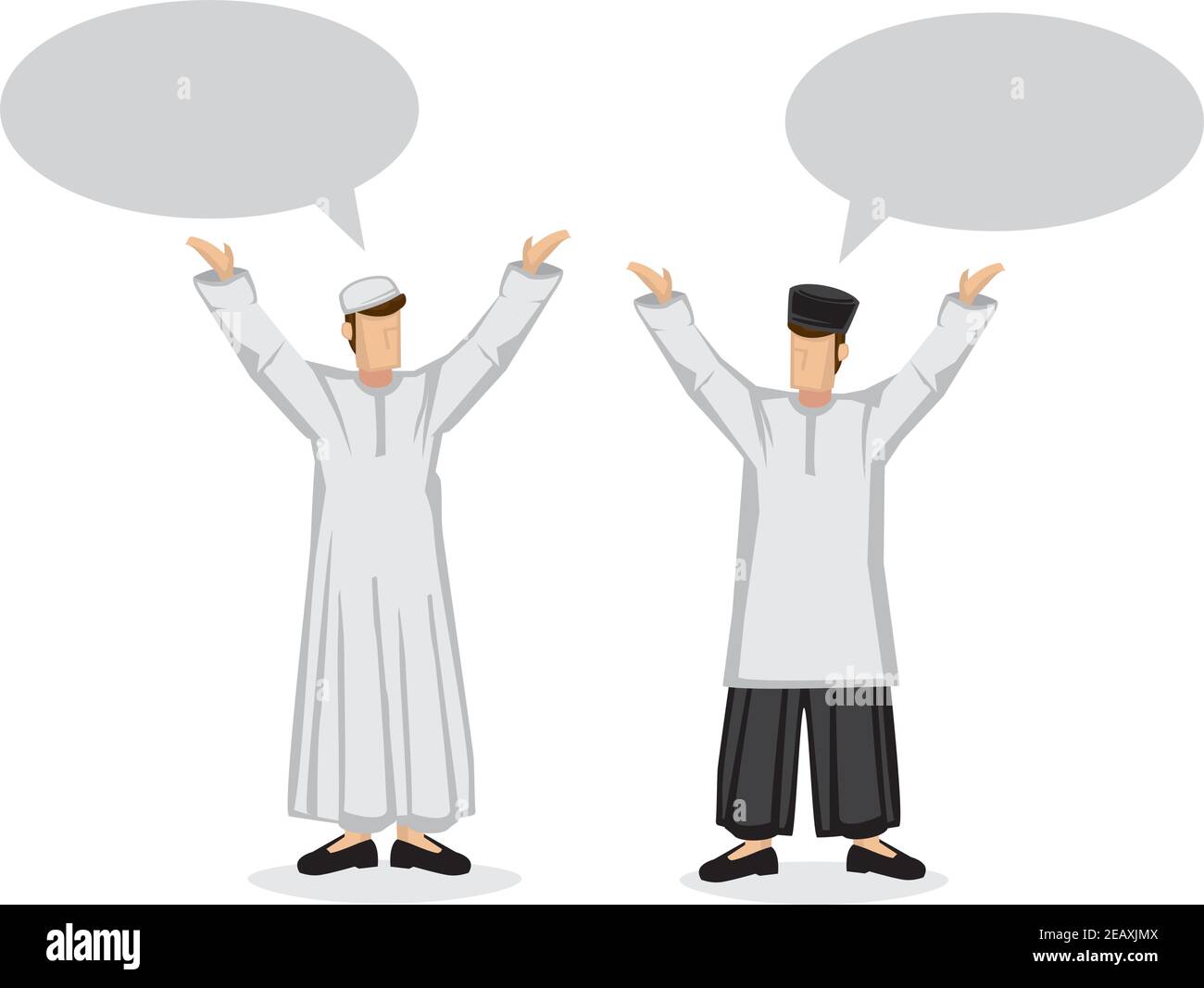 Two happy muslim friends with empty speech bubble. Flat isolated ...