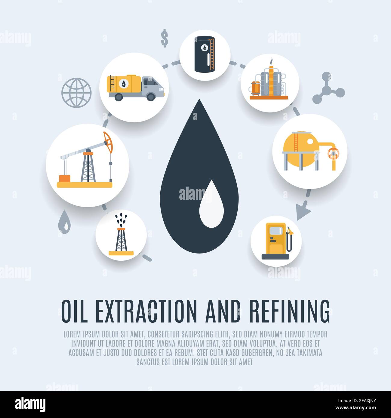 Oil industry concept with fuel product processing symbols flat icon set ...