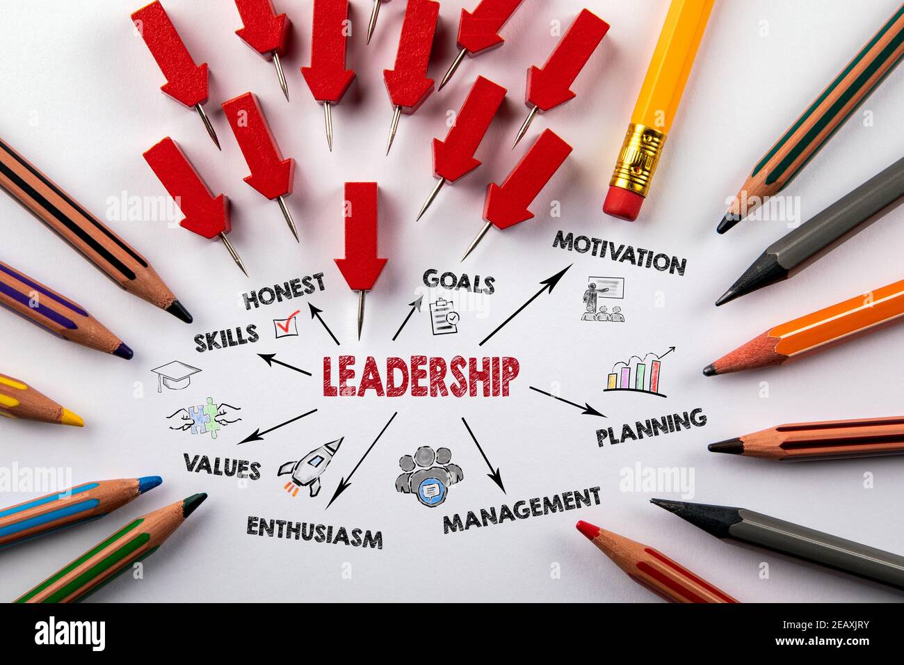 Leadership concept. Chart with keywords and icons. Red arrows and ...