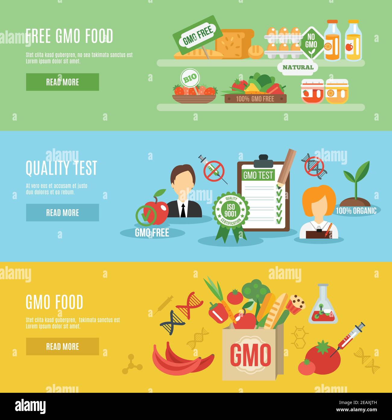 Gmo horizontal banner set with food quality test flat elements isolated ...