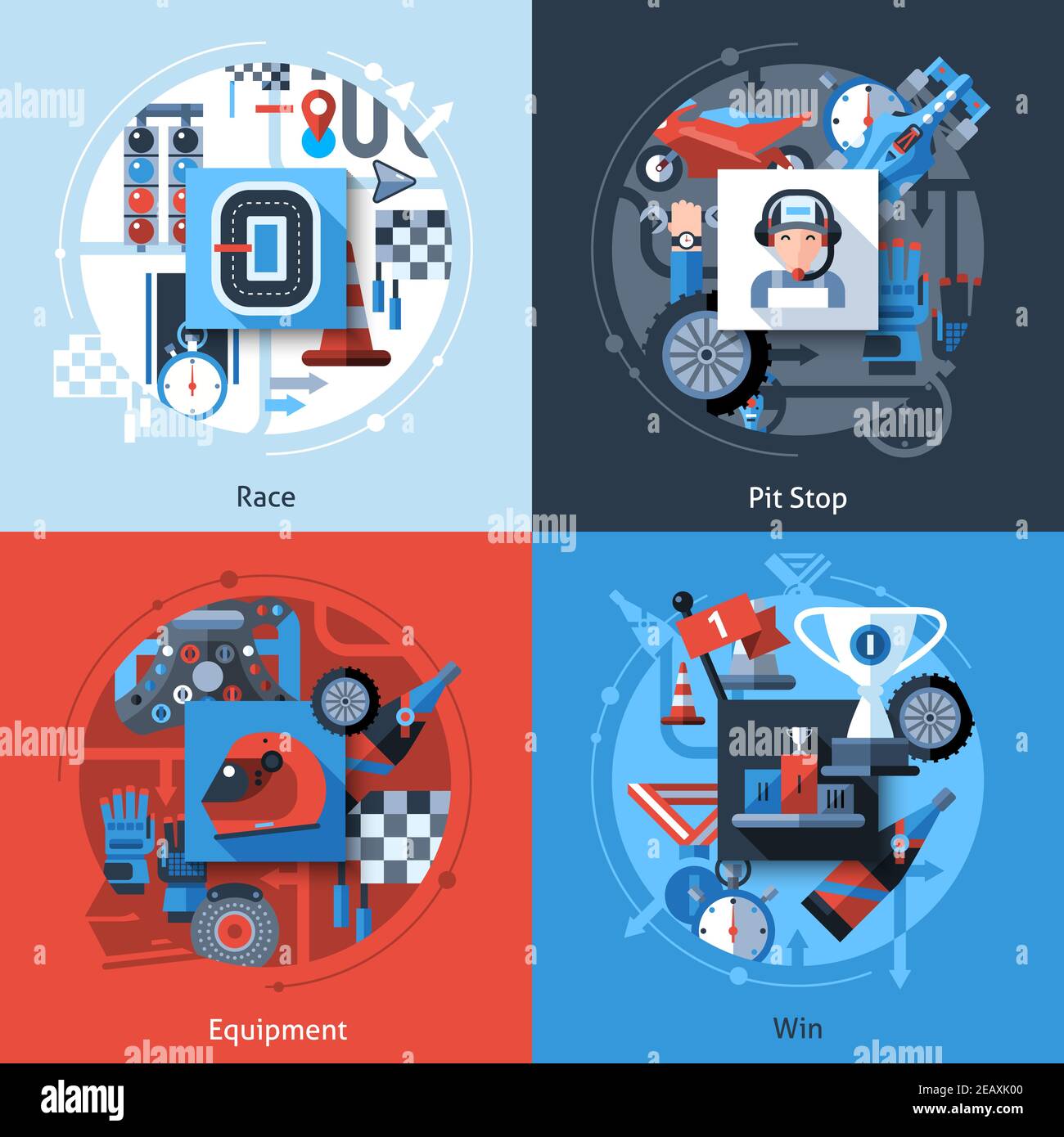 Racing design concept set with pit stop equipment win flat icons ...