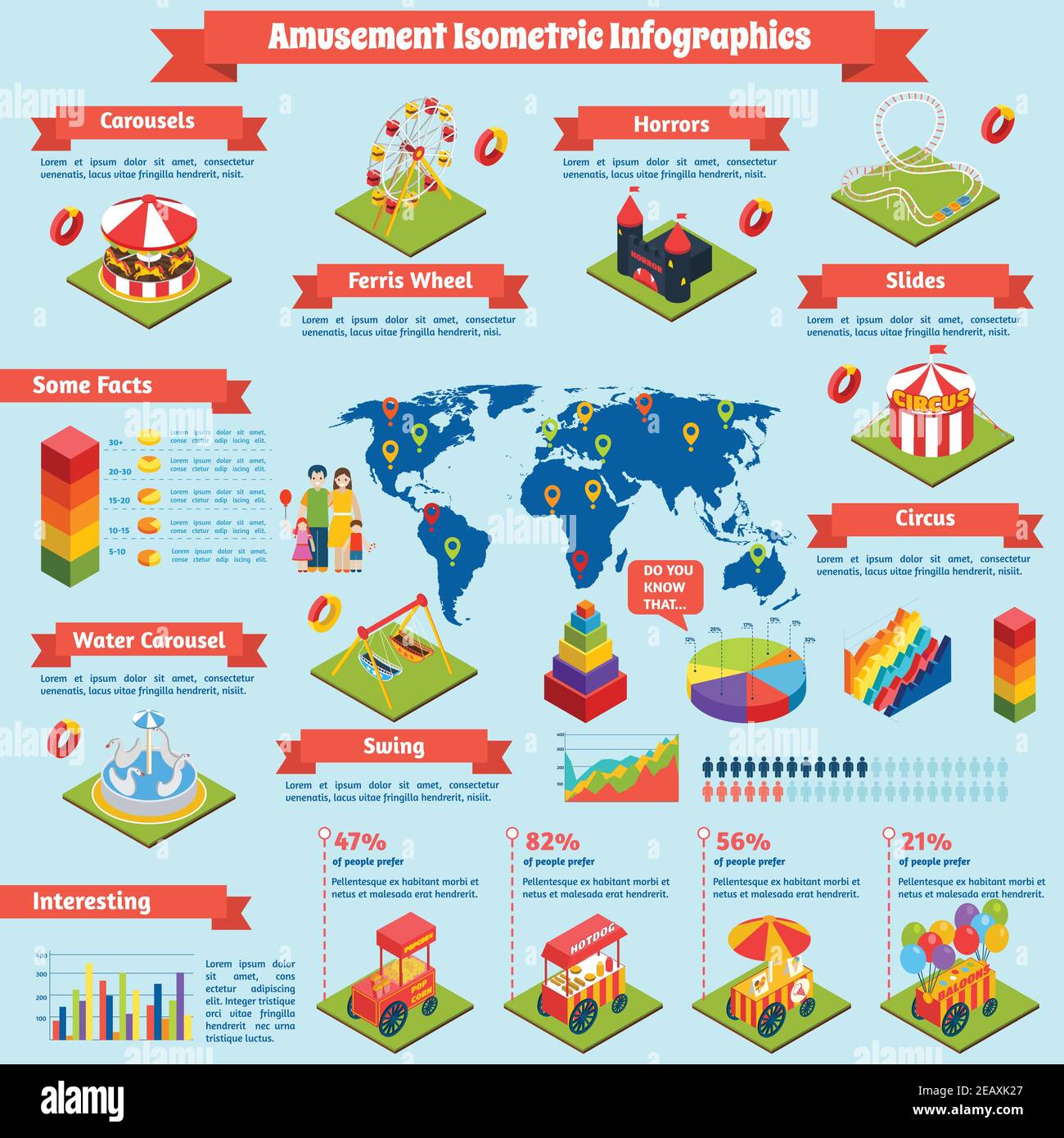 Amusement infographics set with attractions isometric symbols and ...