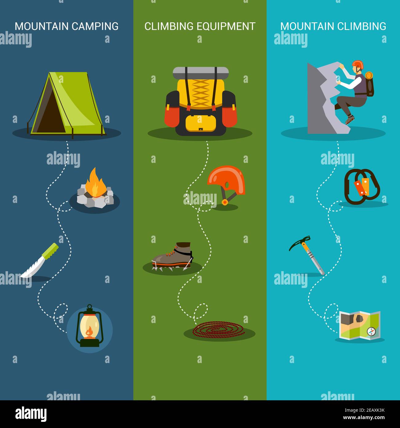 Climbing banner vertical set with mountain camping equipment elements ...