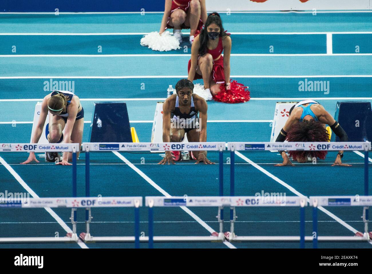 US Christina Clemons looks on before competing during the 60m hurdles ...