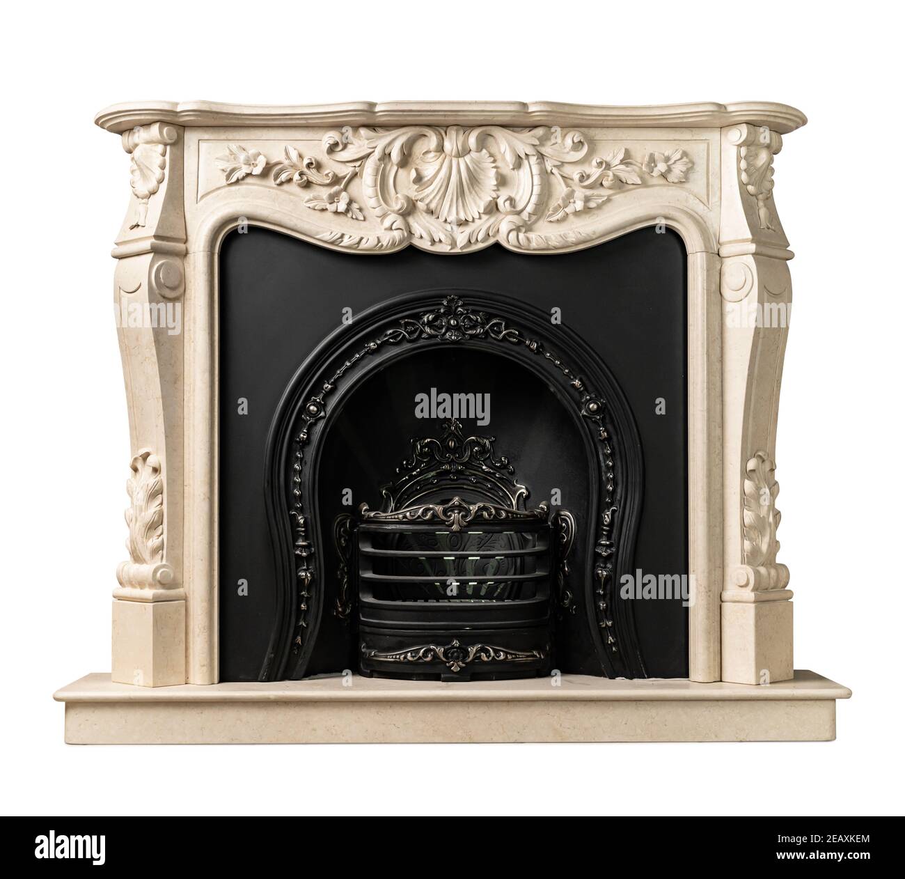 Beautiful stone fireplace isolated on white background Stock Photo - Alamy