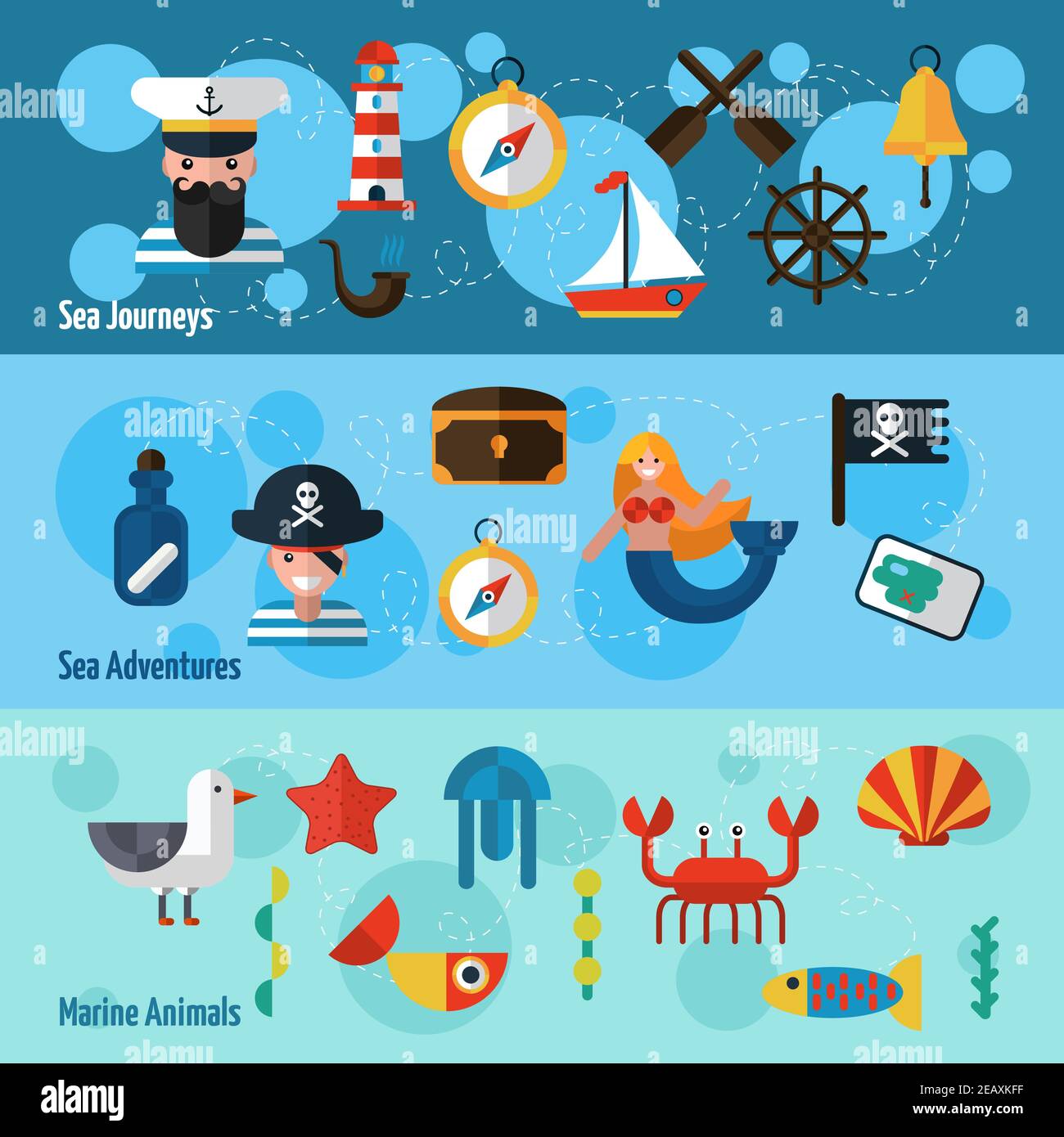 Nautical horizontal banners set with sea adventures and marine animals ...