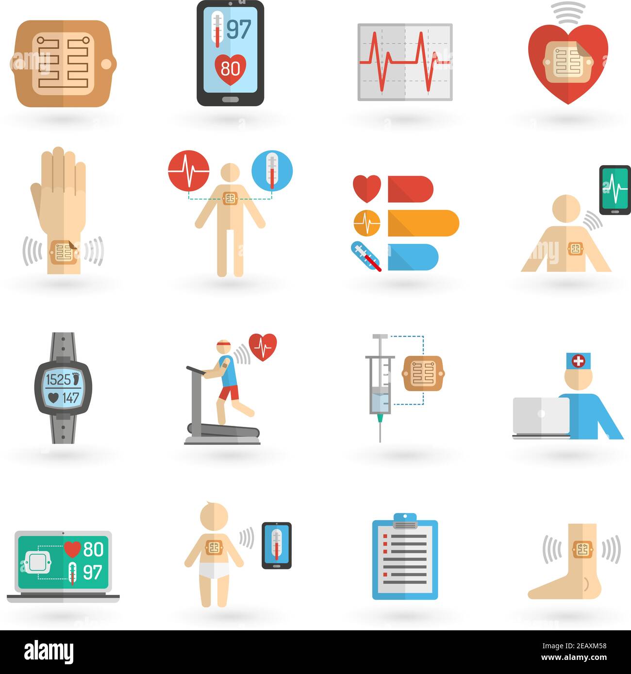 Multicolored wearable smart electronic patch isolated flat icons vector ...