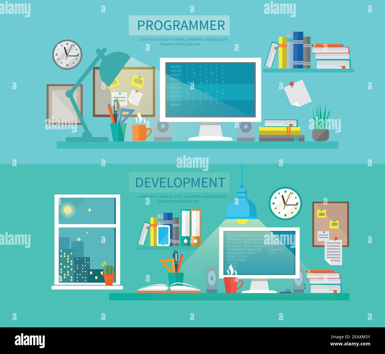 Workspace horizontal banner set with programmer and development ...