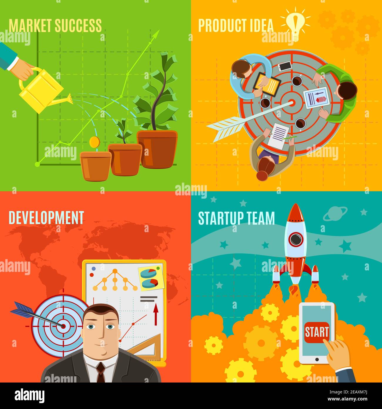 Startup design concept set with market success product idea development ...
