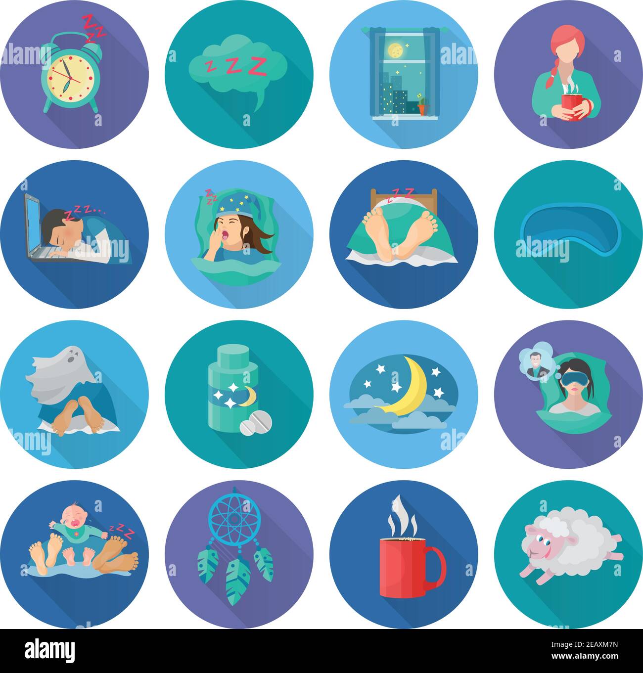 Sleep time flat long shadow icons set with alarm clock snoring man ...