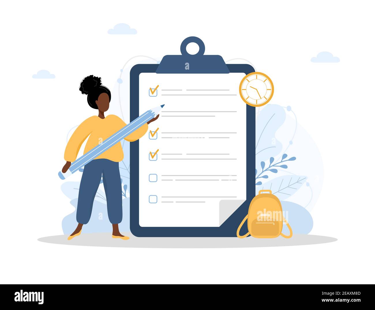 Month planning or to do list concept. African woman with a giant pencil ...