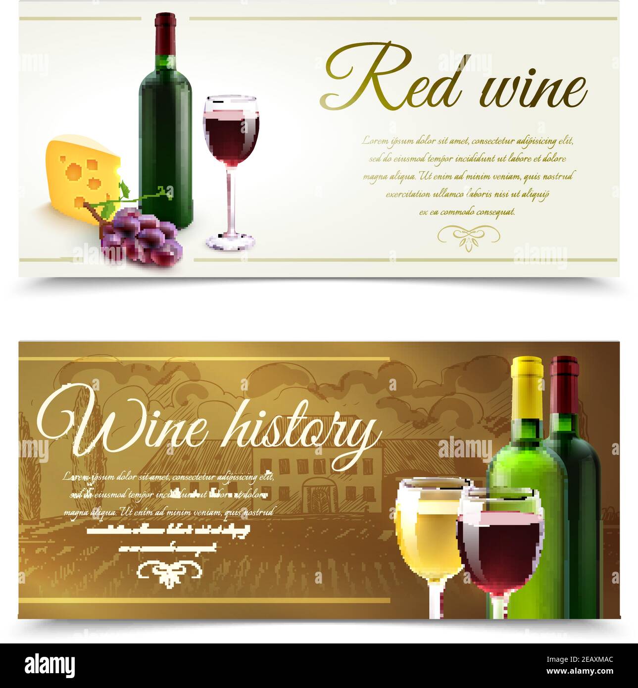 Wine horizontal banners set with cheese and grape bunch isolated vector ...