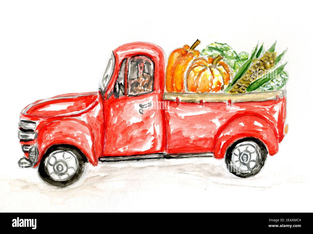 Cartoon retro red pickup truck with big pumpkins hand drawn ...