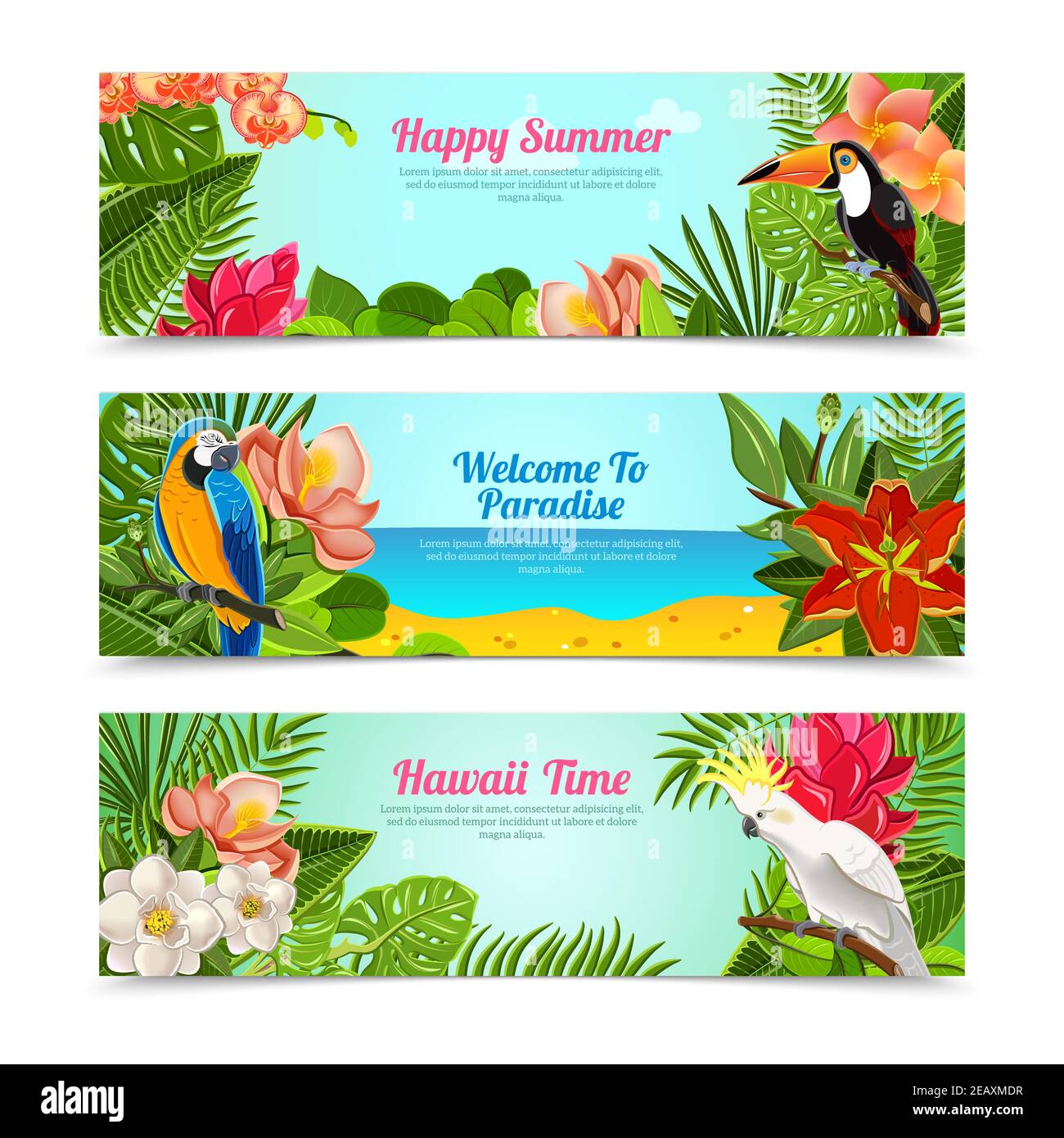 Happy time hawaii islands summer vacation horizontal posters set with ...