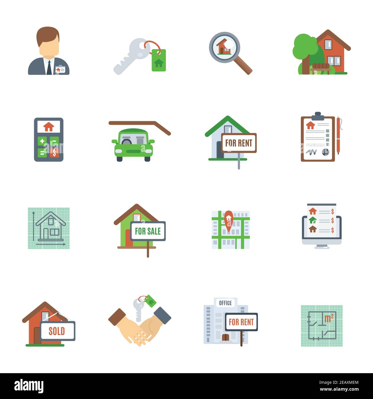 Real estate searching choosing and valuation flat icon set isolated ...