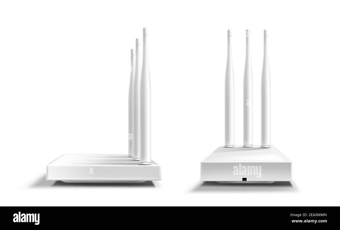 Wifi router front and side view mockup, blank home device with antennas ...