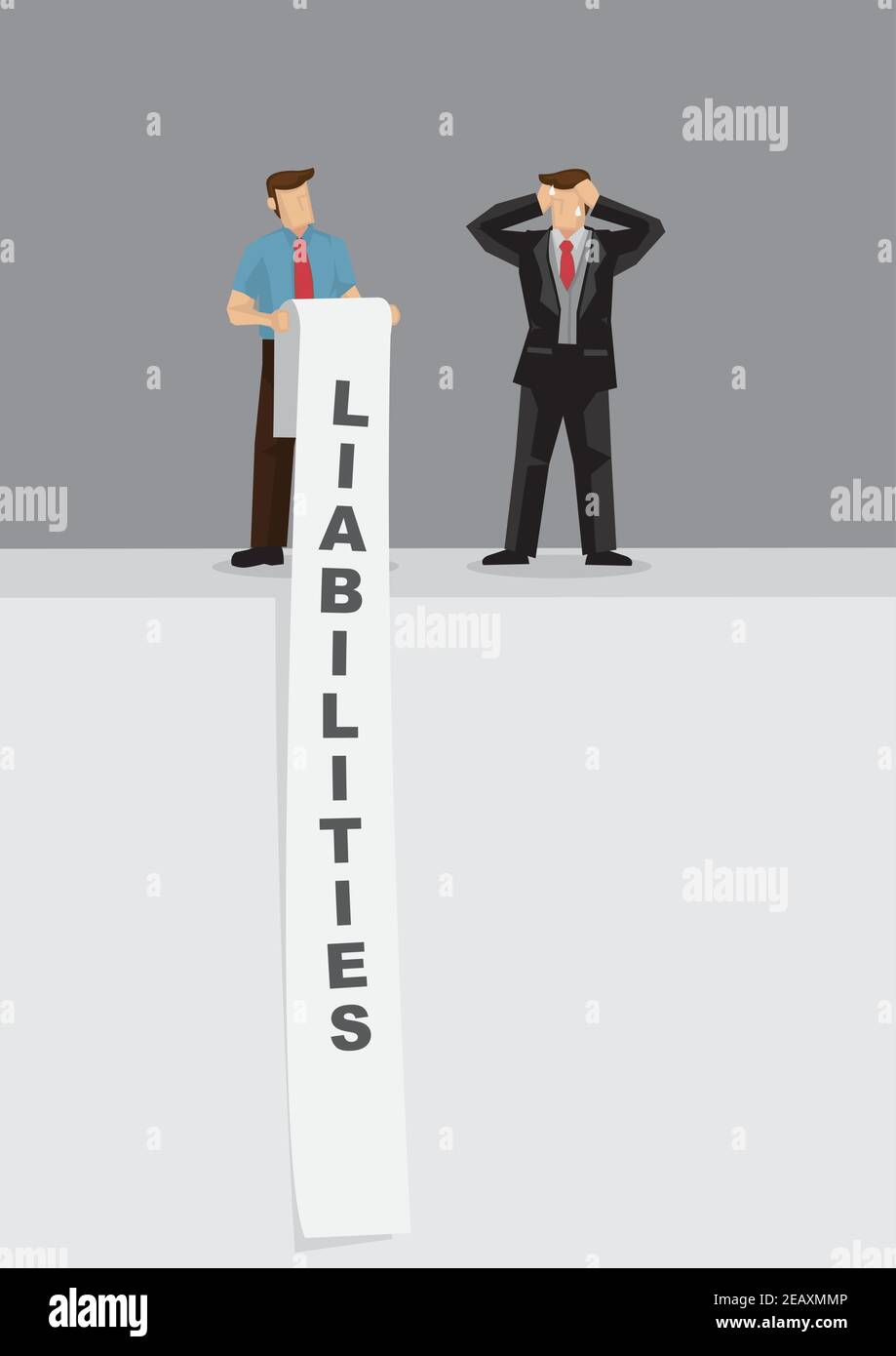 Cartoon businessman stressed out by long list of liabilities. Creative ...