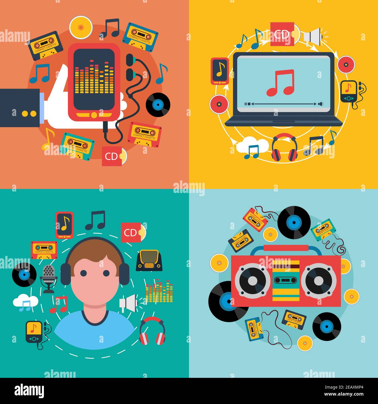 Tablet mobile music apps concept 4 flat icons composition with cd ...