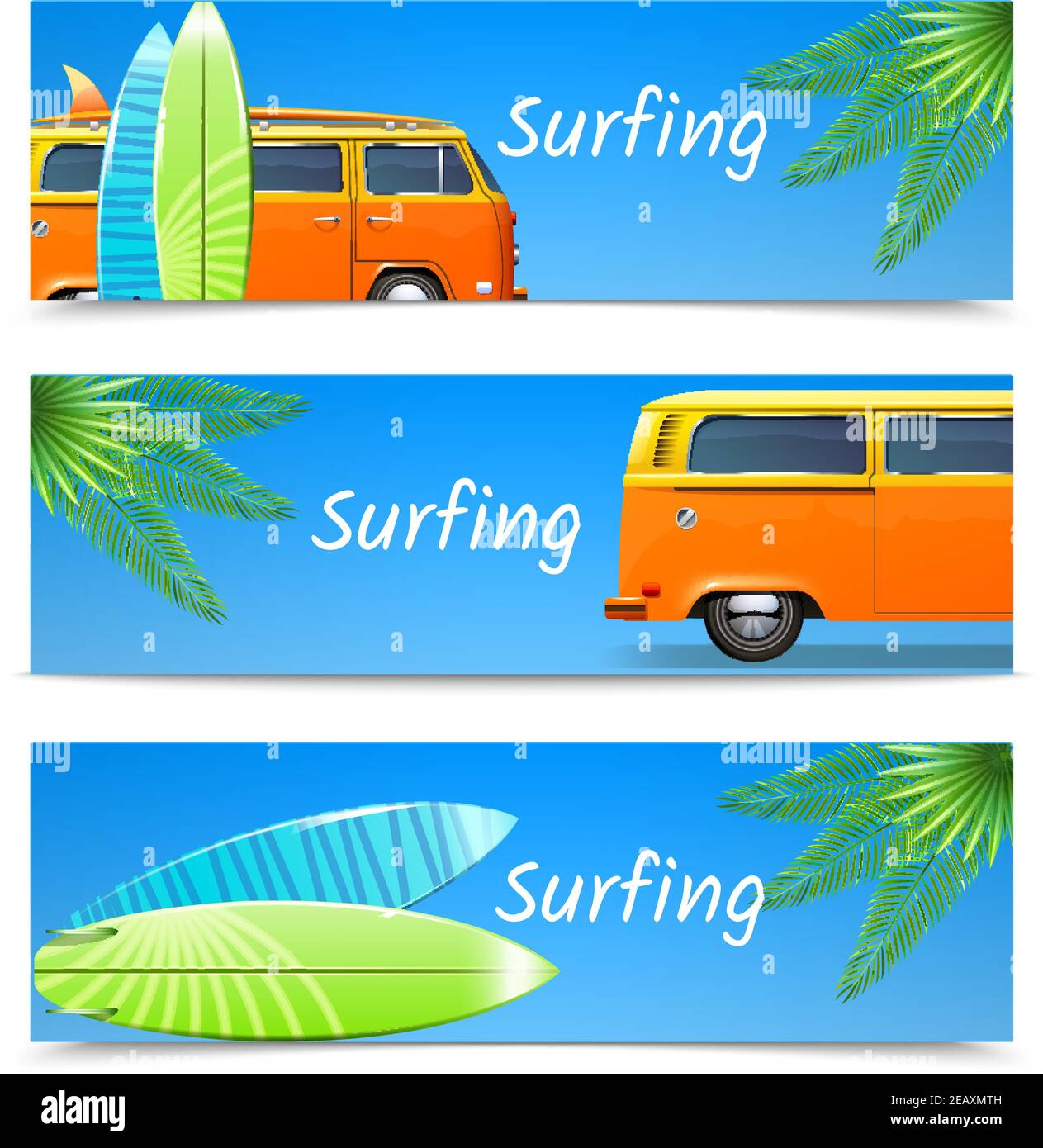 Surfing banners horizontal set with retro bus boards and palm leaves ...