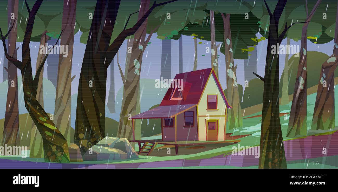 Wooden stilt house at summer forest in rainy weather. Old shack with ...