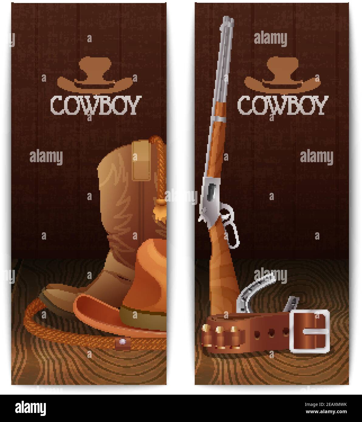 Two vertical cowboy banners with hat boots lasso belt horseshoe ...