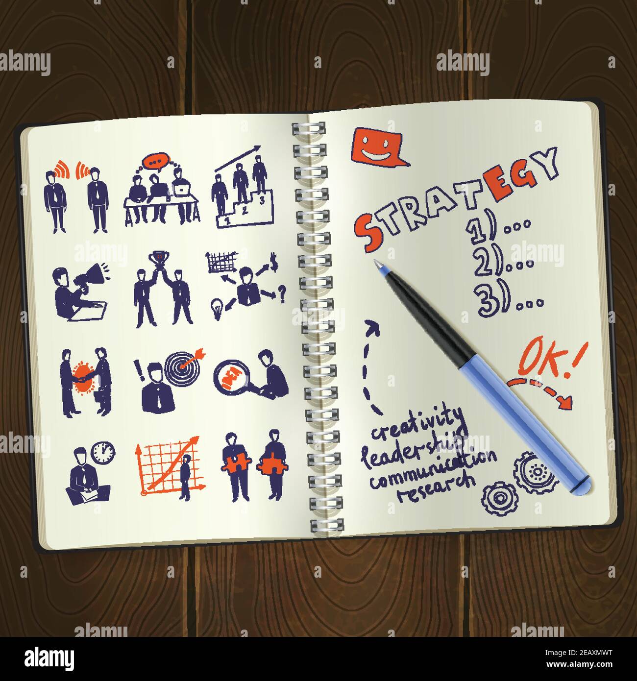 Sketch meeting icons in notepad on wooden table background vector ...