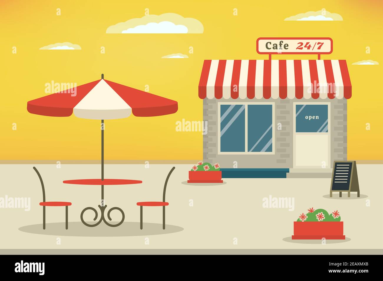 Outdoor street cafe terrace. Cafe shop exterior. Flat stylle ...