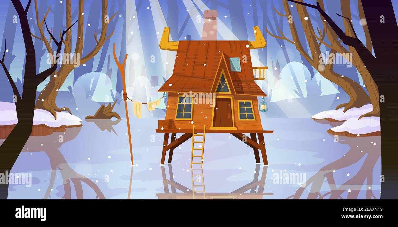 Wooden stilt house at frozen swamp in winter forest. Old shack on piles ...
