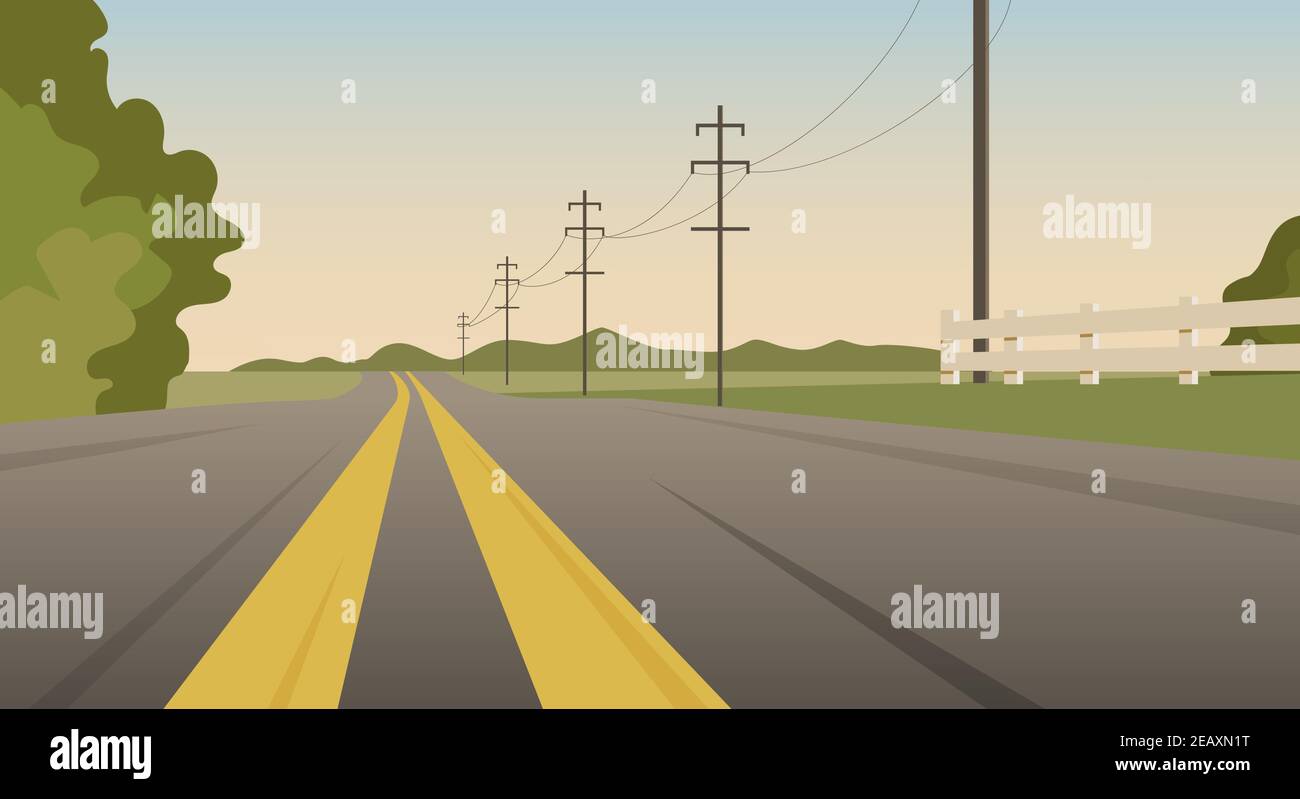 Highway road landscape. Electricity posts along the road. Flat vector ...