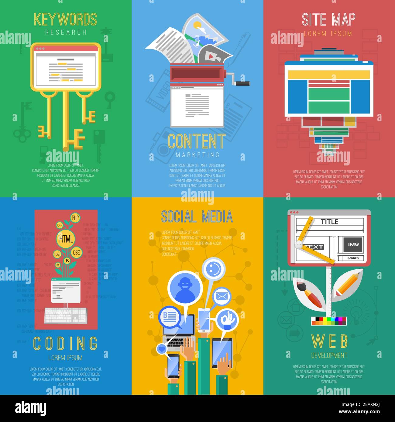 Seo search engine keywords optimization coding 6 flat icons for social ...