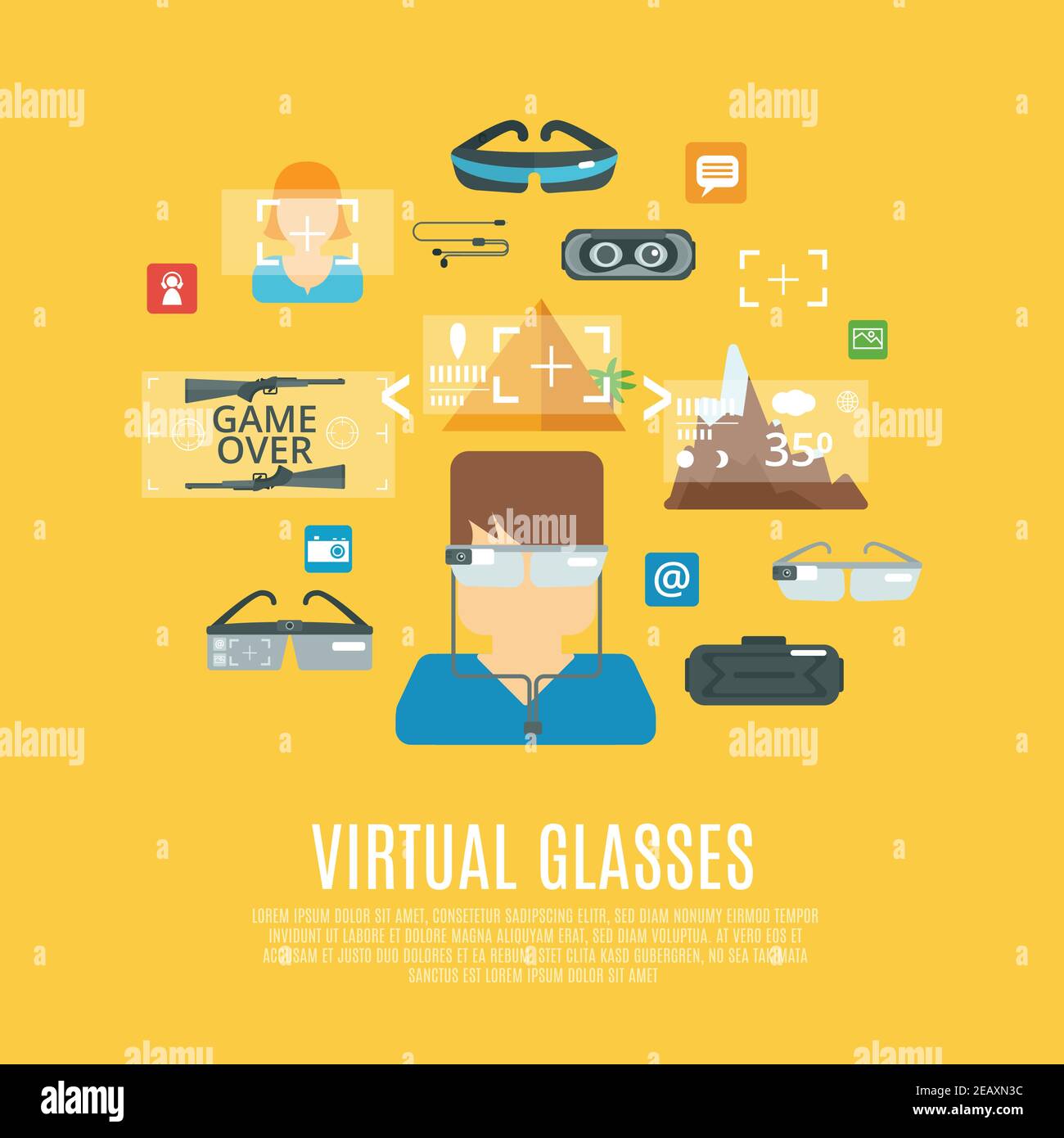 Virtual glasses concept with cyberspace electronic equipment flat icons ...