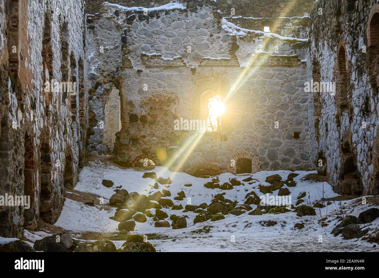 The sun's rays shine through the window in the ancient ruins Stock ...