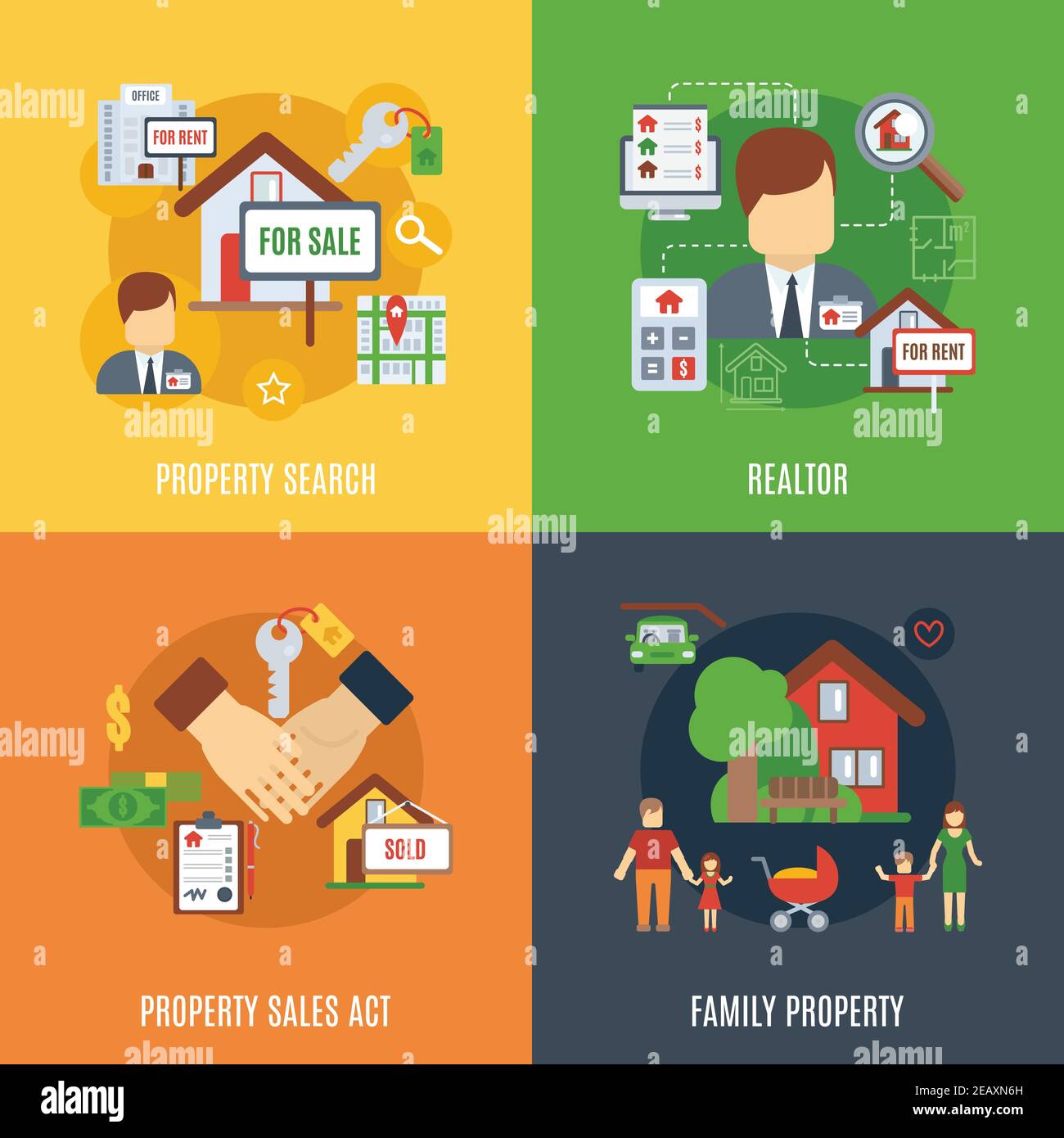 Real estate design concept set with family property search flat icons ...