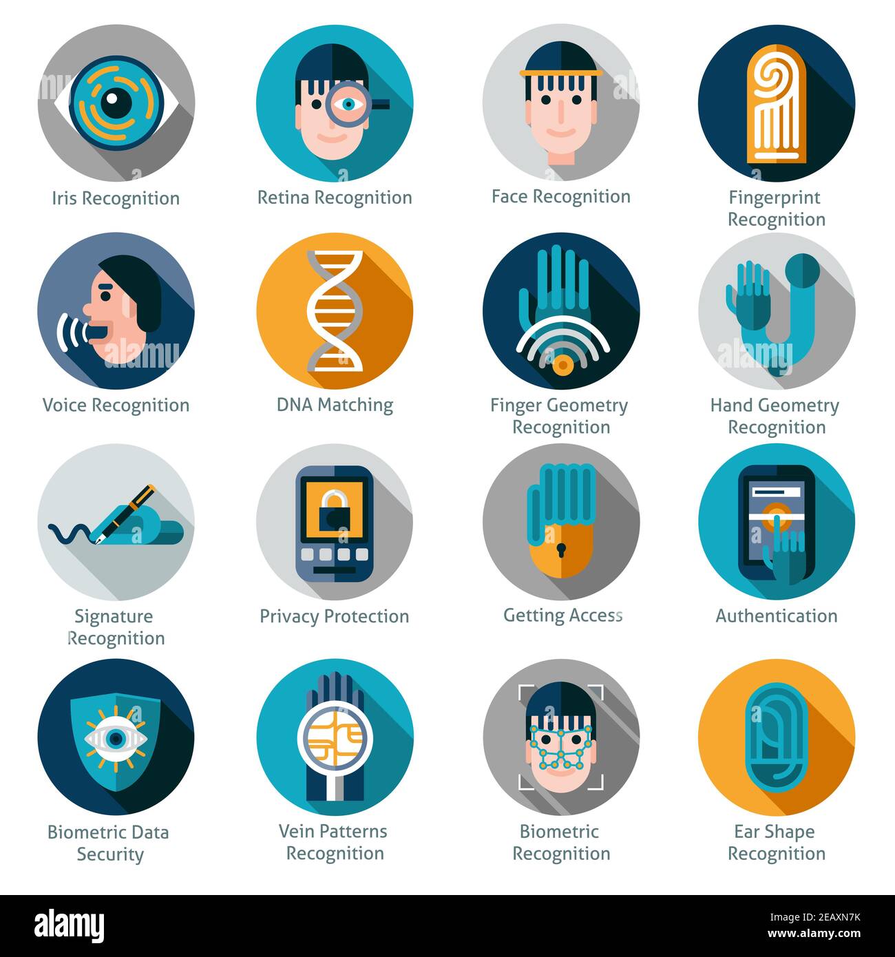 Biometric authentication icons set with iris retina face and fingerprint recognition symbols ...