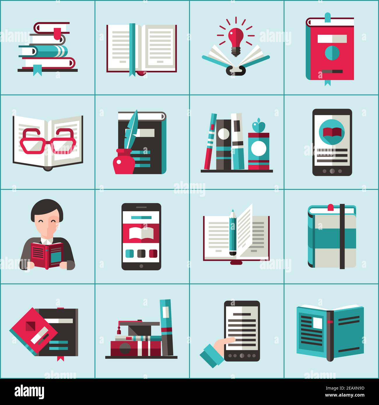 Books reading multimedia library and education icons set isolated ...